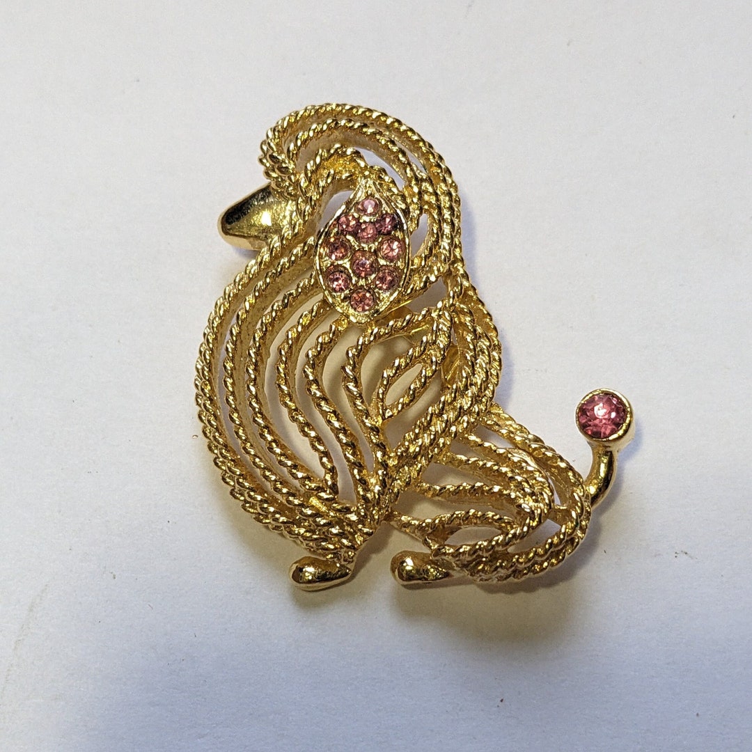 Vtg Poodle Brooch Pin Gerrys Poodle Brooch Gold Tone Pink Rhinestone ...