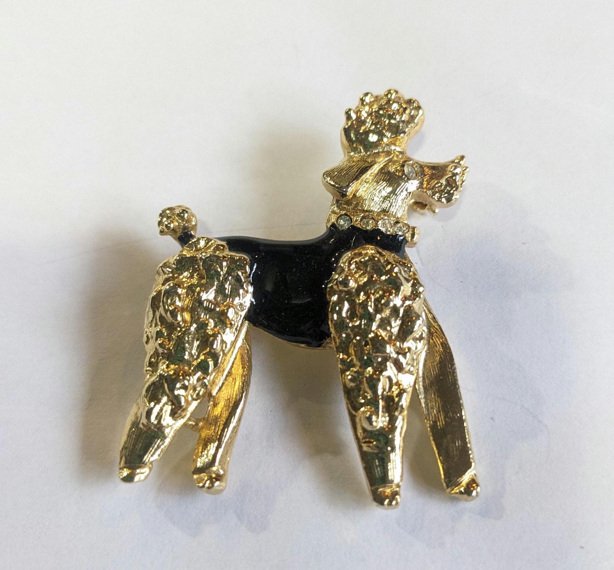 Vtg Poodle Brooch Pin Faceted Rhinestone Stone Eyes Collar Goldtone ...