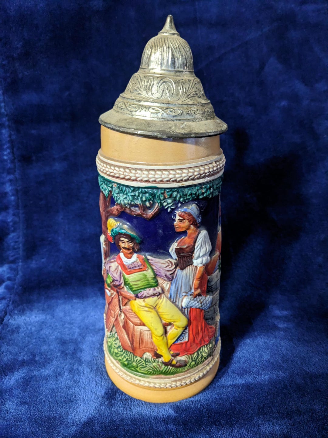 Vtg German Stein Auf Der Alm Da Beer Stein Tin Lid 9" Hand Painted ...