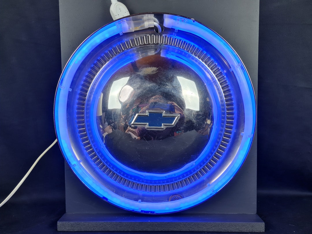 Chevrolet Chrome Vintage Hubcap With Blue LED Neon Light Wall Light ...