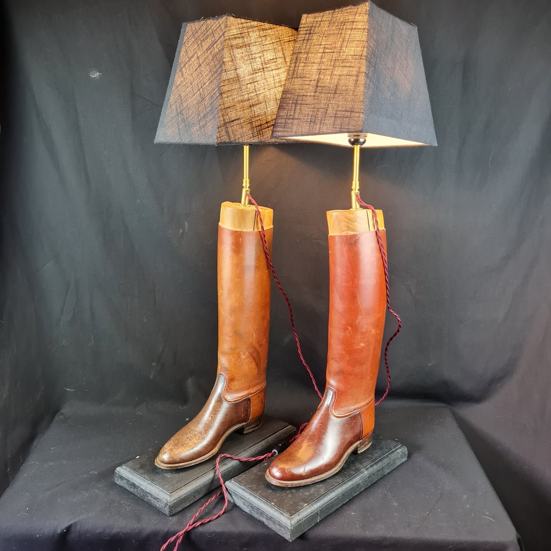 Buy Pair of Burgundy Leather Boot Lamp With Wooden Shoe Tree on Black ...