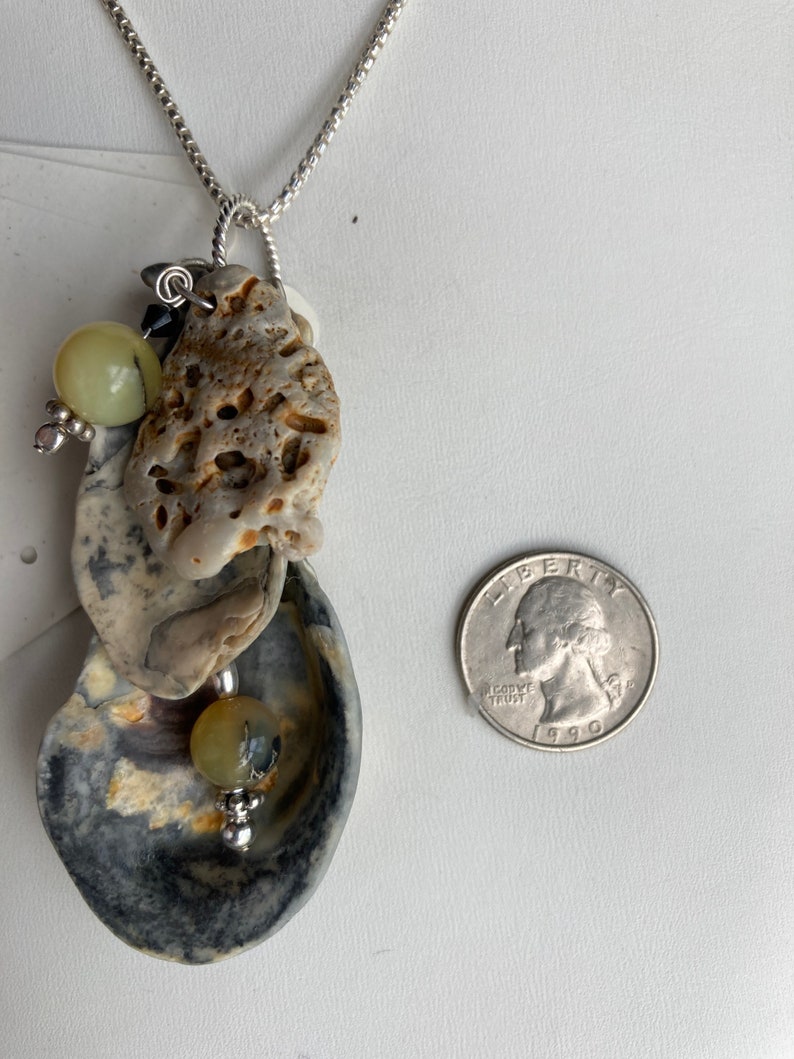 Sea Shell Pendant Necklace, Ocean Shells Clustered With Honey Opal Beads Finished in Sterling ...