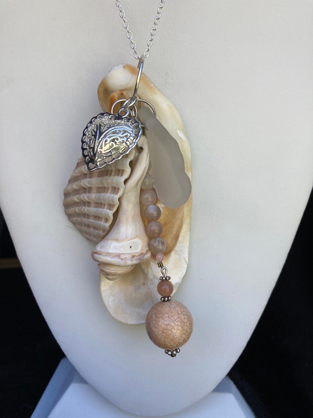 Sea Shell Pendant Necklace, Dyed Magnesite, Sunstone, Beach Glass and a ...
