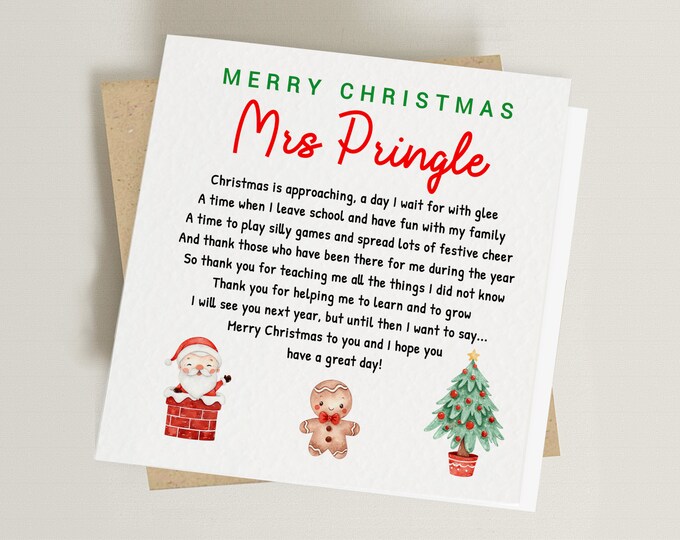 Christmas Teacher Card - Thank You Teacher Card - End of Year Teacher ...