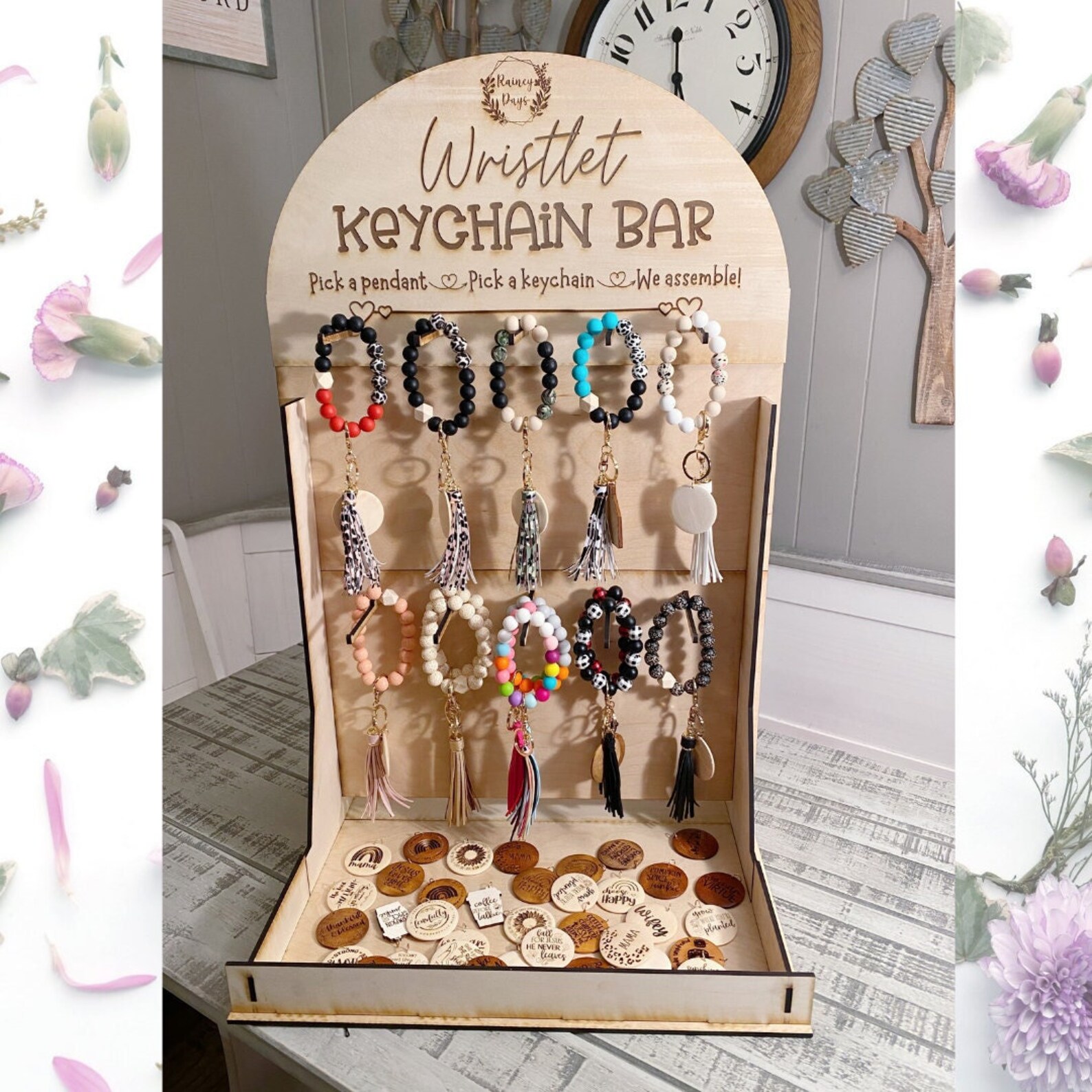 Display Stand for Wristlet Keychains Double Sided With Wood Pendant ...