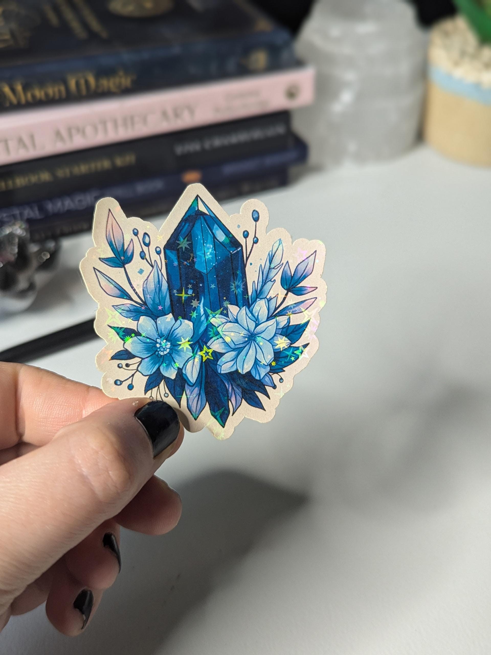 Blue Crystals With Flowers White Sticker With Holographic Star Shine ...