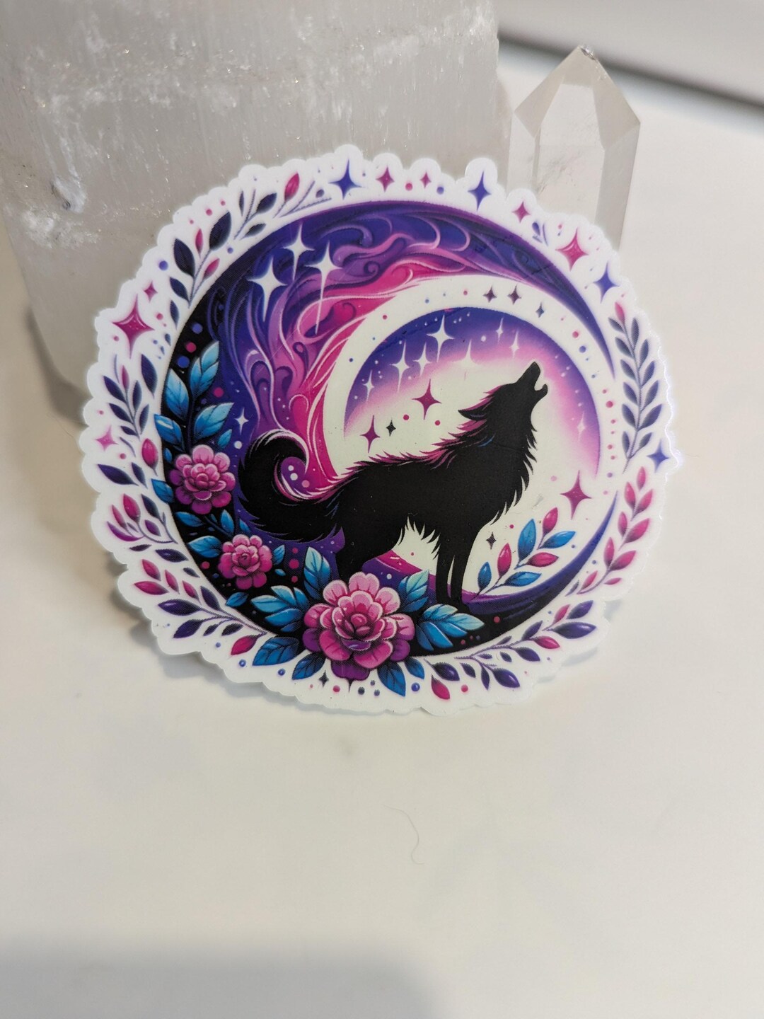 Colourful Howling Wolf on Moon With Purple Flowers Printed on Clear ...