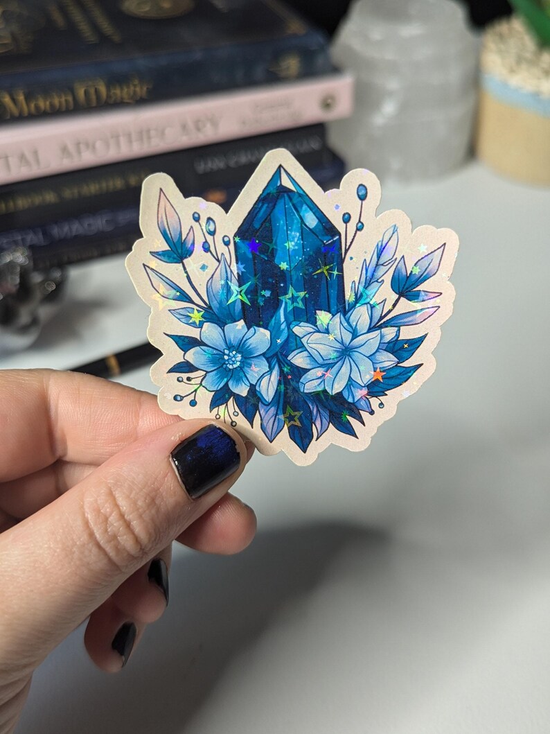 Blue Crystals With Flowers White Sticker With Holographic Star Shine ...