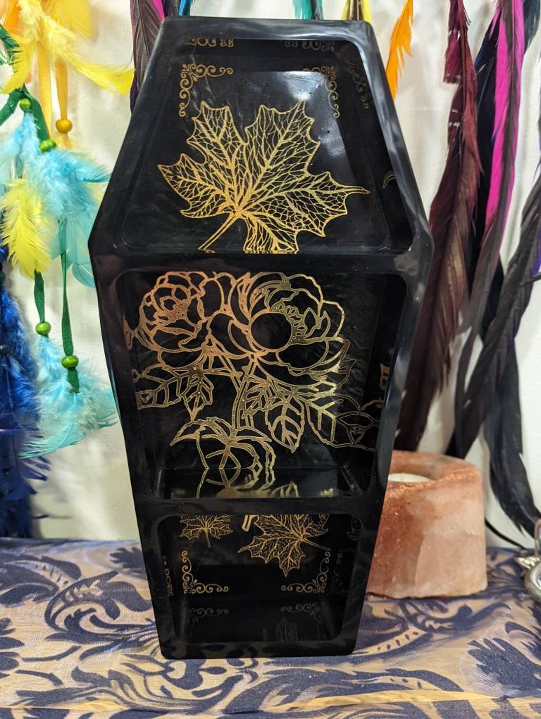 Black Coffin Display Shelf With Gold Leaves and Flowers, Gift Idea ...