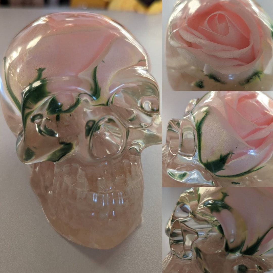 Epoxy Resin Skull With Rose Quartz Chips and Pink Rose - Etsy