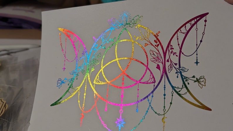 Rainbow Celestial Triple Moon and Triquetra With a Floral Design Foil ...