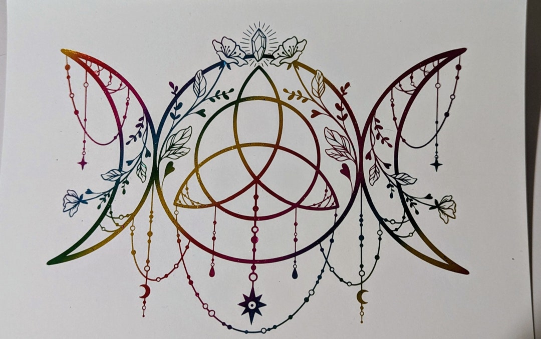 Rainbow Celestial Triple Moon and Triquetra With a Floral Design Foil ...