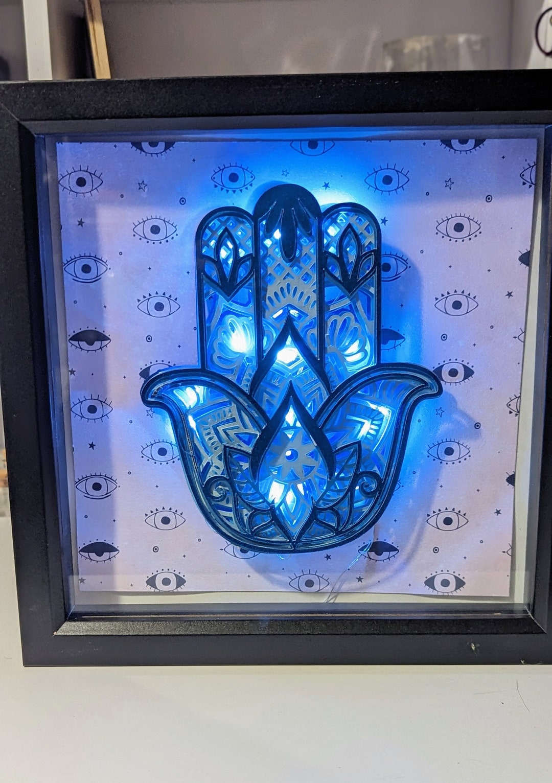 3D Layered Boho Blue Hamsa Hand Light up Box Frame With Cool Lights ...