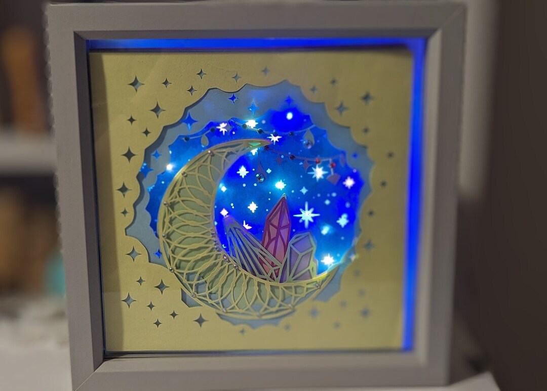 3D Crescent Moon With Crystals Light up Box Frame With Multicolor ...