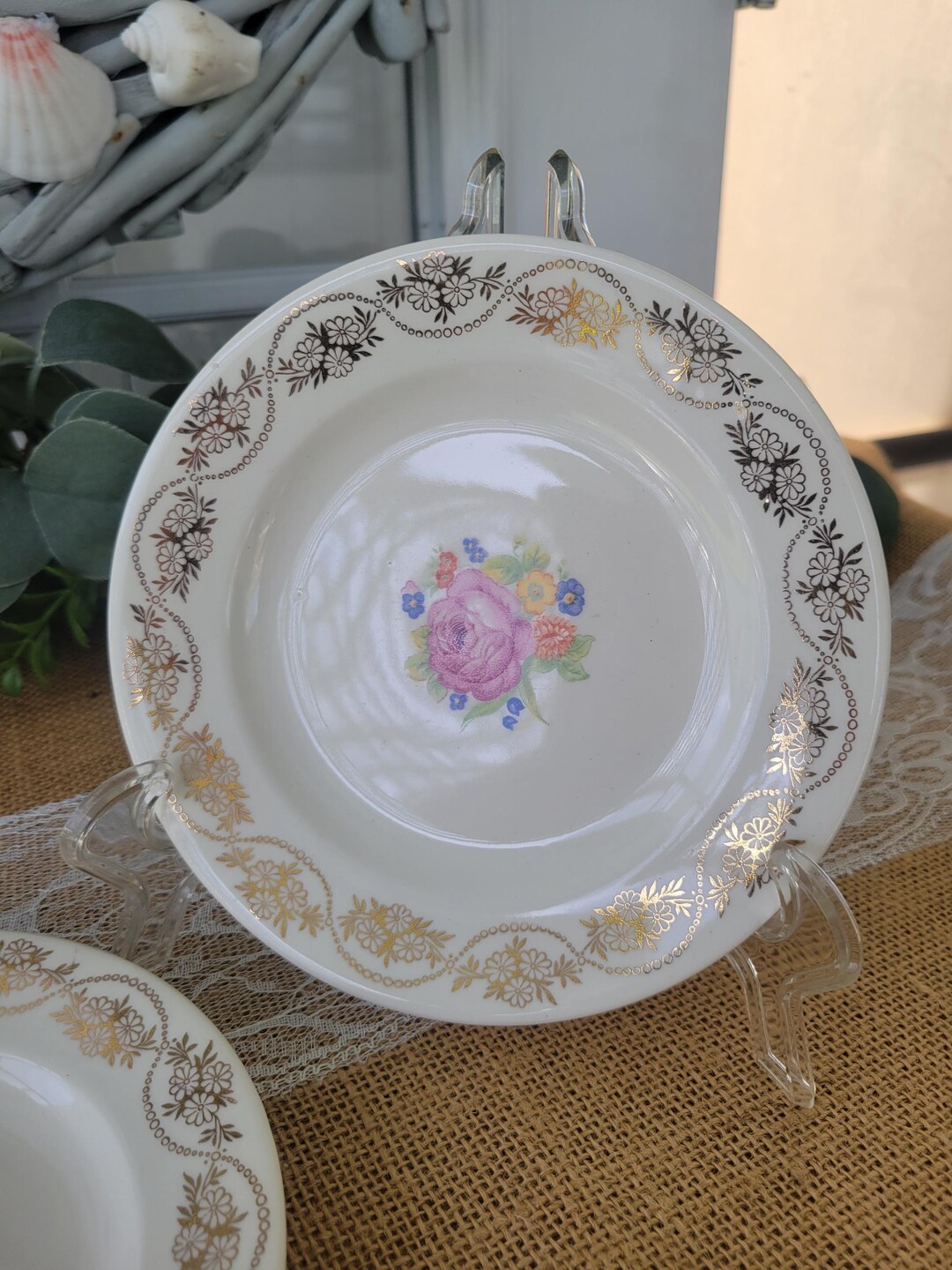 Two Daisy Ann Salad Plates by Royal China Inc Floral Center 22K Gold ...