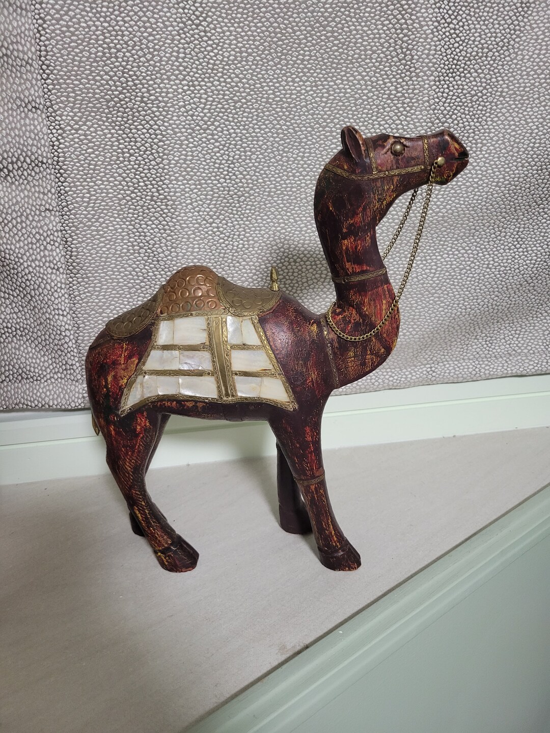 Vintage 1970s Carved Wooden Camel With Brass and Mother-of-pearl Inlays ...