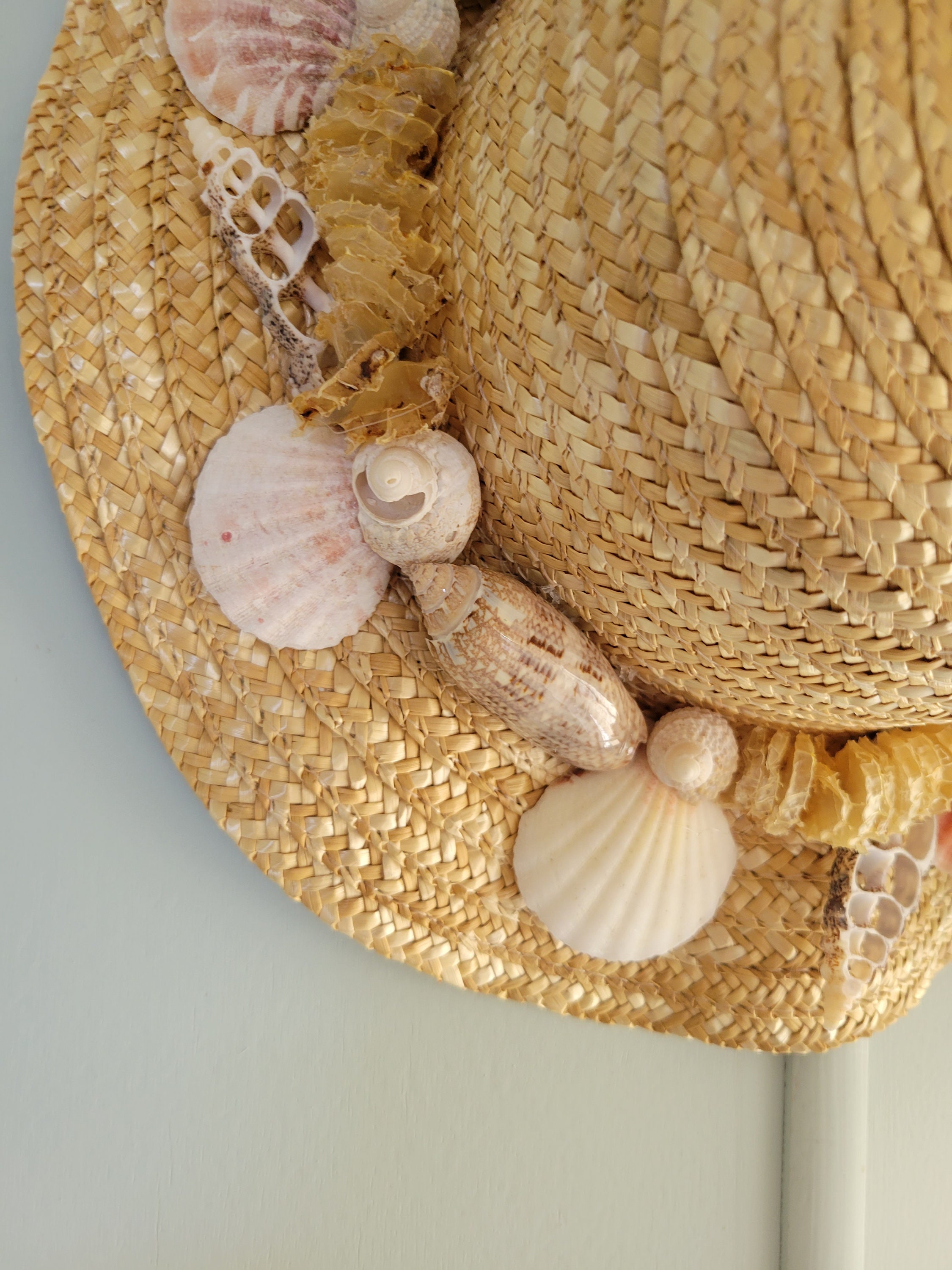 Coastal Wall Decor, Upcycled Beach Hat With Shells, Repurposed Summer Paper Straw Hat With ...
