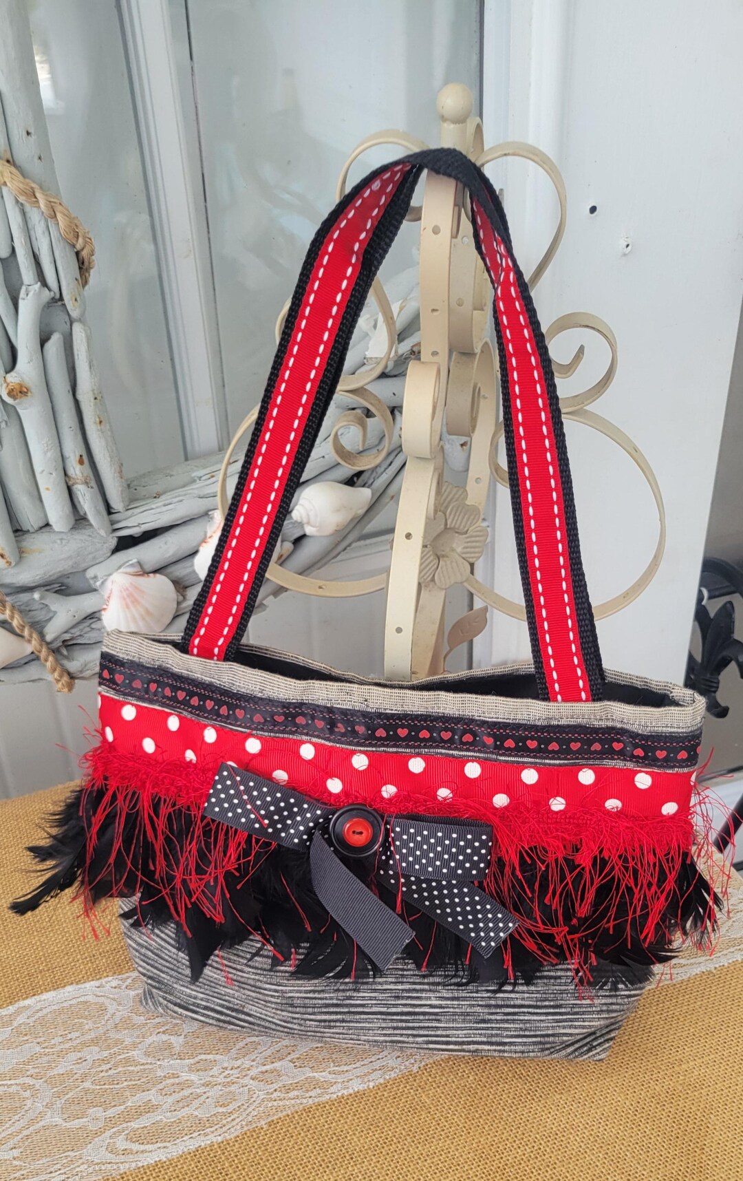 Vintage 1990's Handmade Red & Black Purse Handbag W/ribbon Handles, Red ...