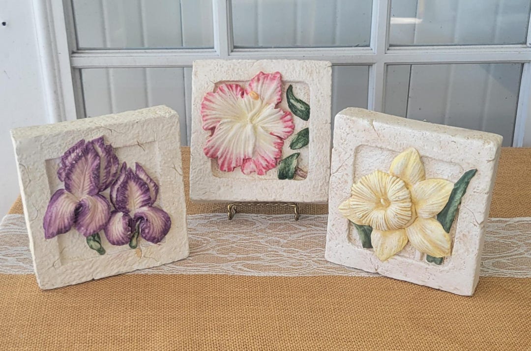 Vintage 1990's Floral Plaster Wall Plaque Decor 3-D Raised Relief, 5.5 ...