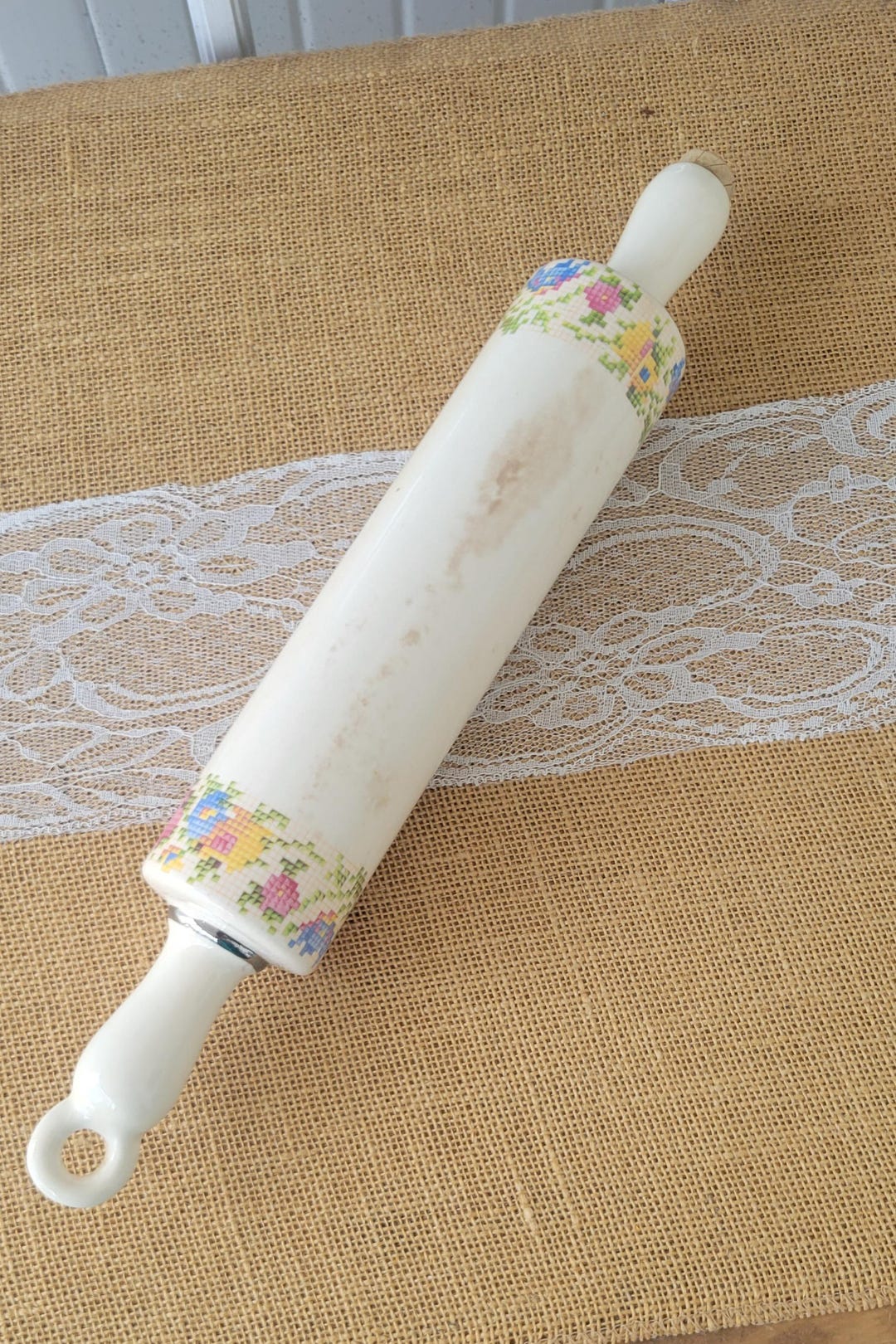 Vintage Ceramic Petit Point Rose Rolling Pin W/cork Harker Hot Oven ...