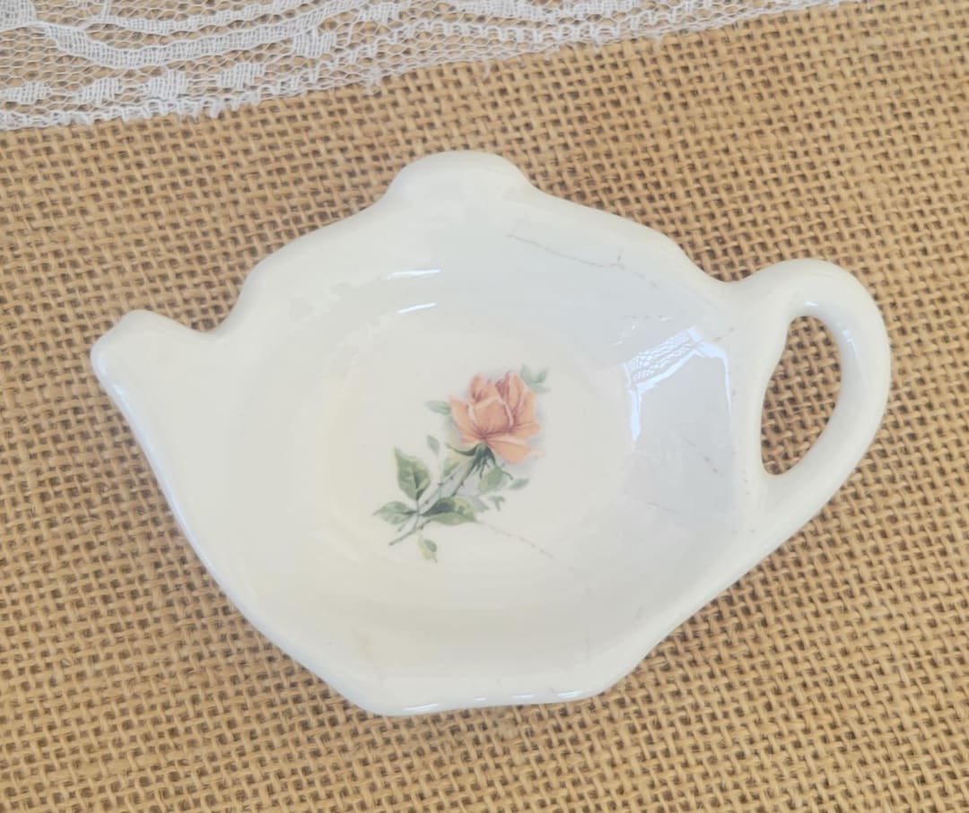 Vintage Teapot Shaped Tea Bag Holder, Ceramic Tea Bag Rest, Pink Roses ...
