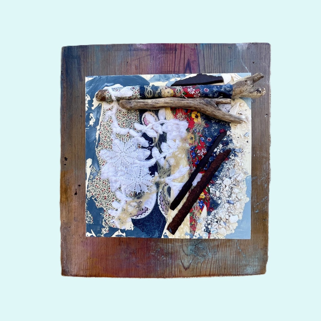 Mixed Media Collage With Found Objects on Asymmetrical Vintage Pine ...