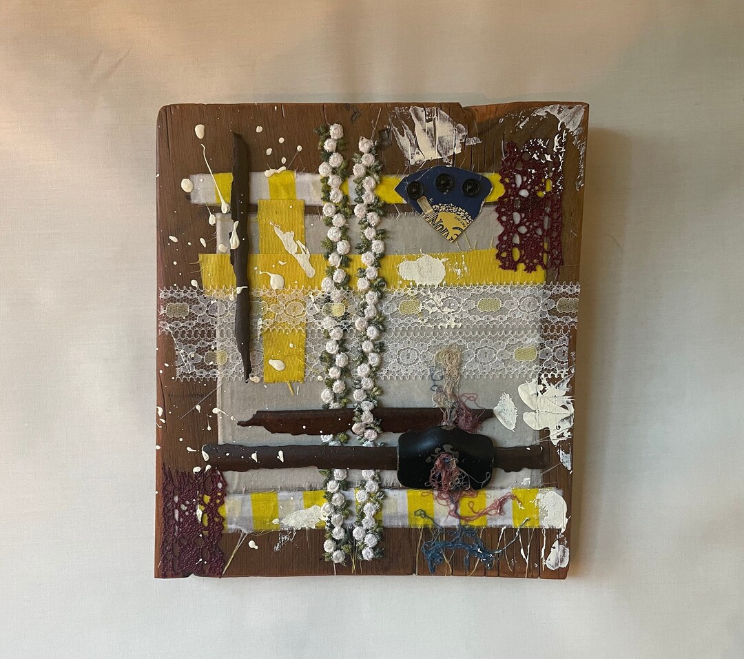 Original Mixed Media Found Object Collage Wall Art on Vintage Pine Wood With Vintage Textiles ...