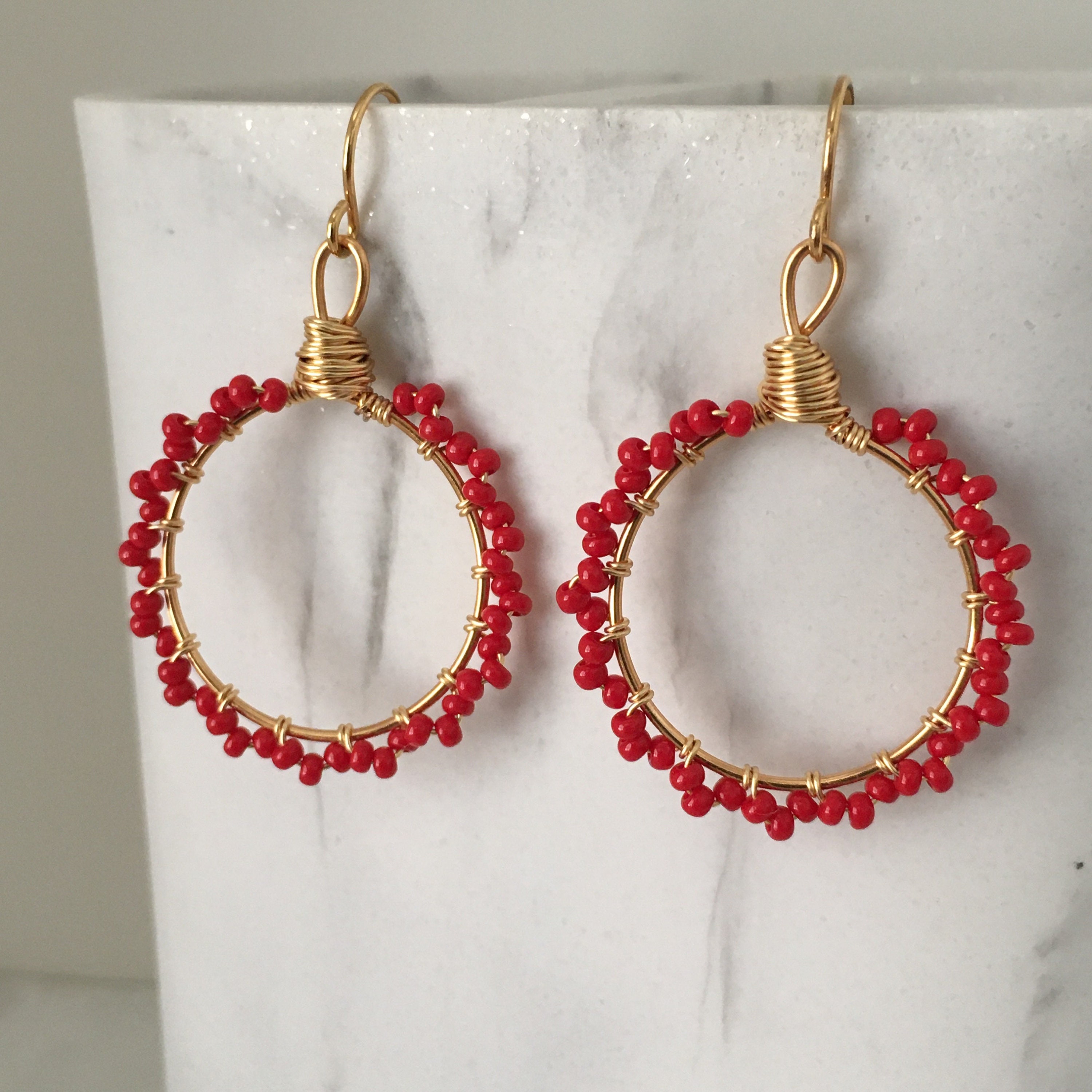 Hoop Earrings Beaded Red Hoop Earrings Gold and Red | Etsy Hoop Earrings Beaded Red Hoop Earrings Gold and Red | Etsy