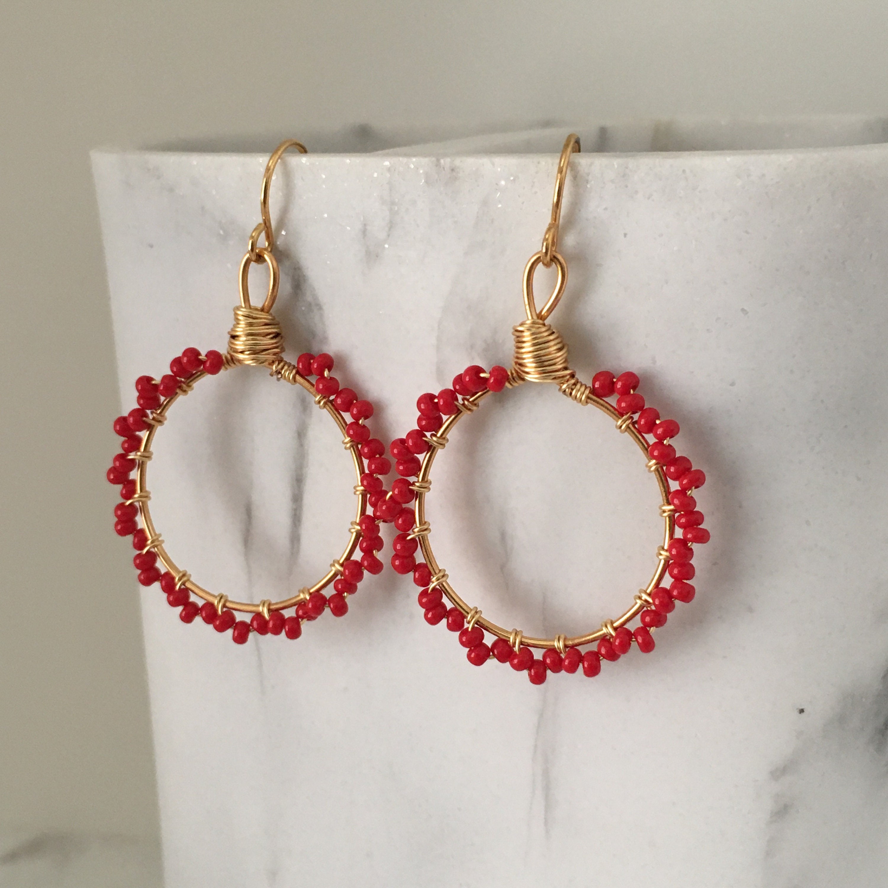 Hoop Earrings Beaded Red Hoop Earrings Gold and Red | Etsy