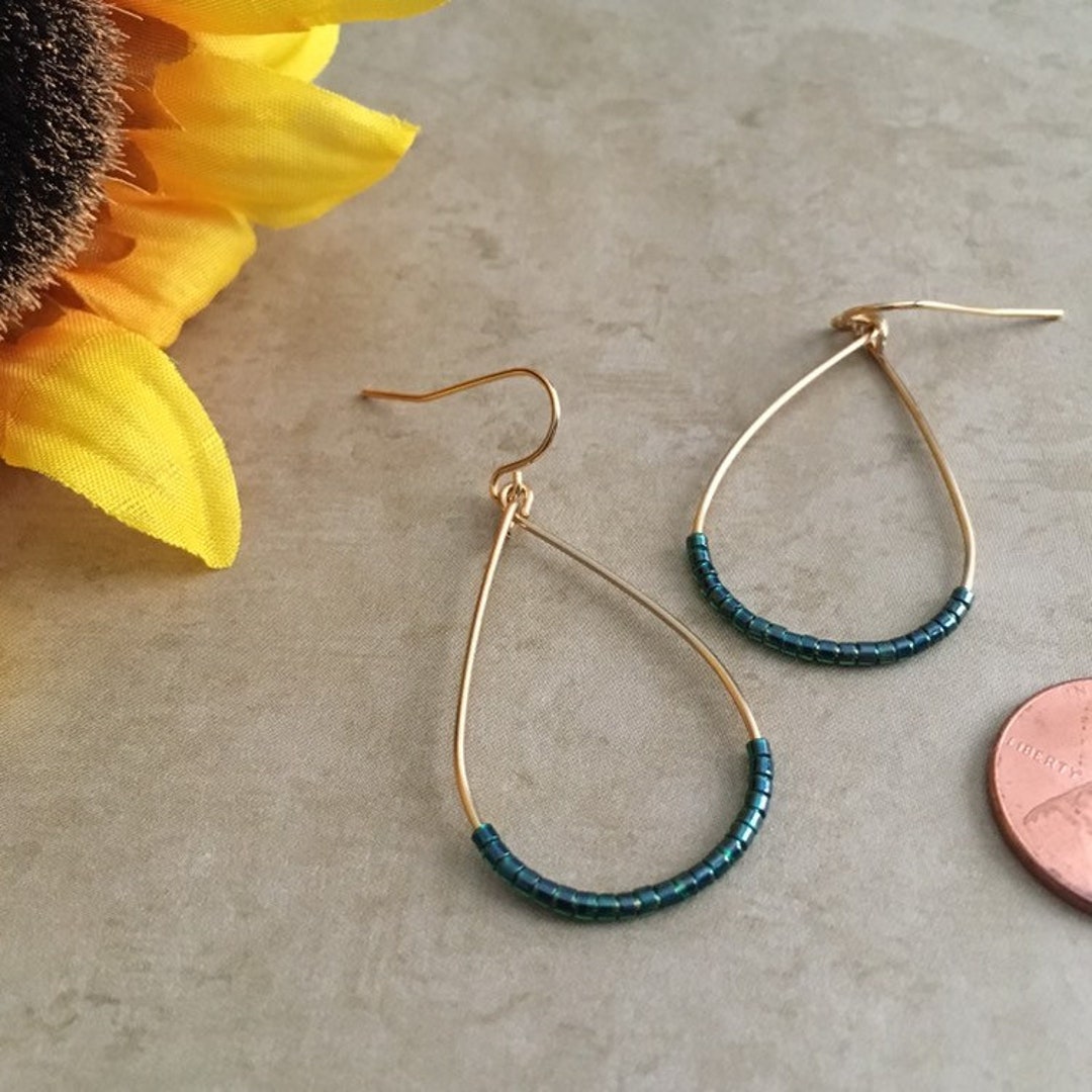Green Earrings, Green Beaded Earrings, Dark Green and Gold Teardrop ...