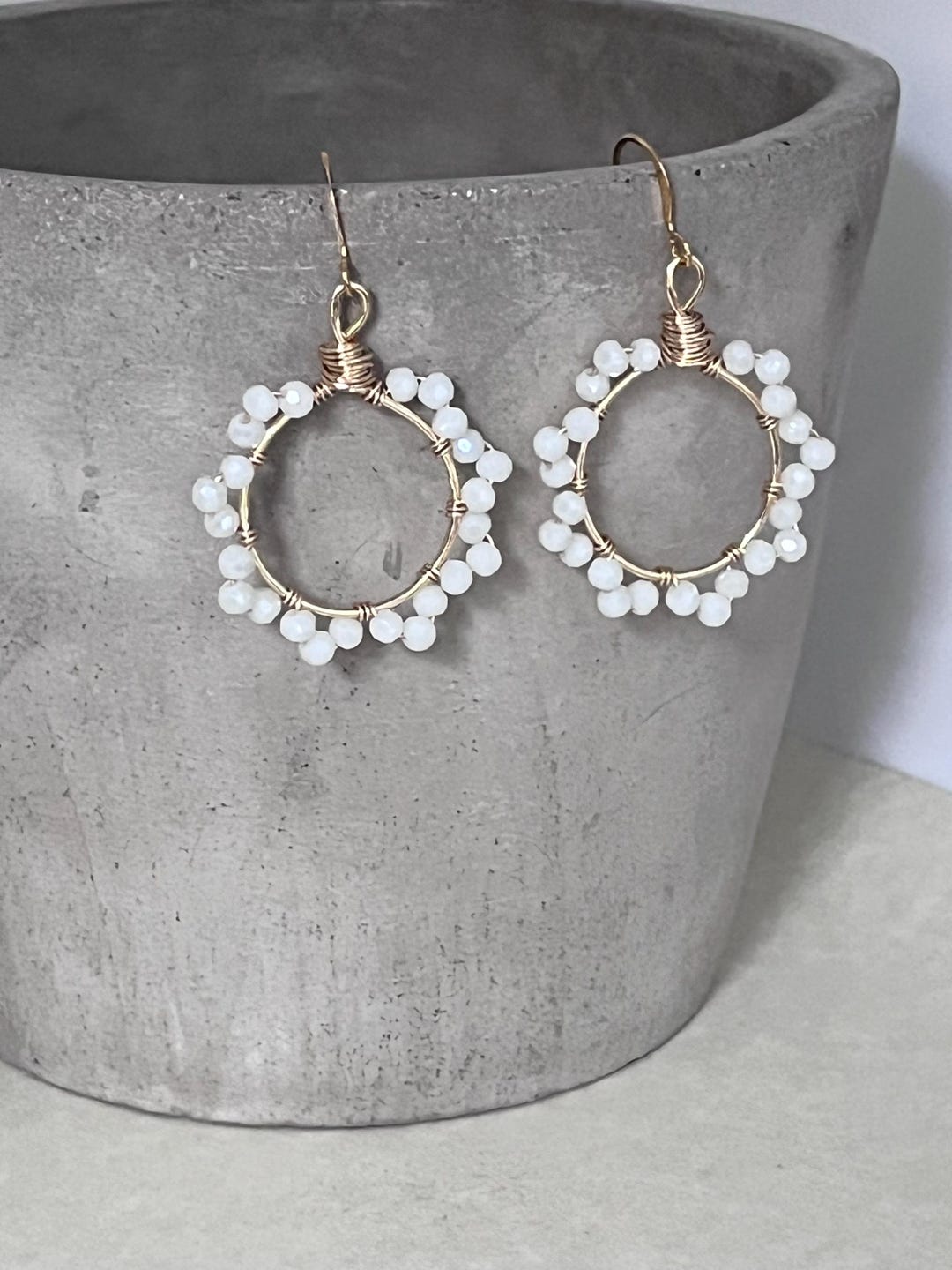 White and Gold Earrings, White Wire Wrapped Hoop Earrings, White Beaded ...
