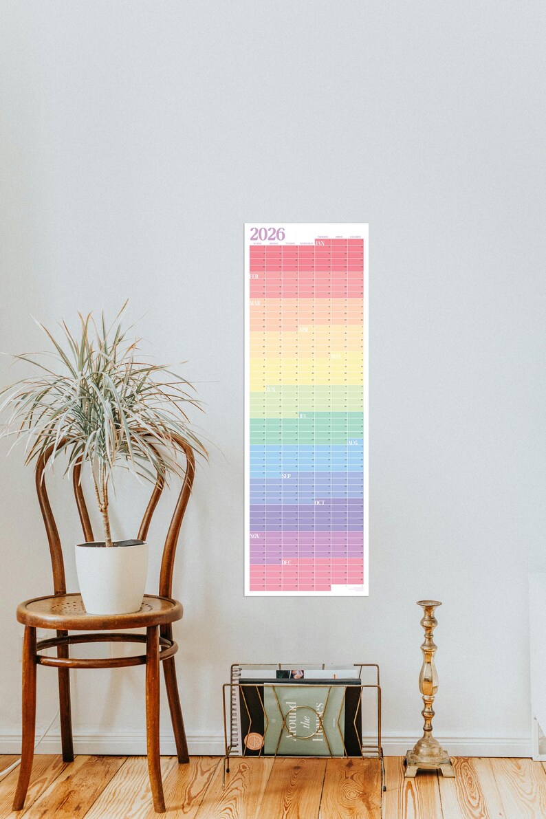 2026 Wall Calendar Poster, Tall Full Year Planner, Continuous Rainbow ...