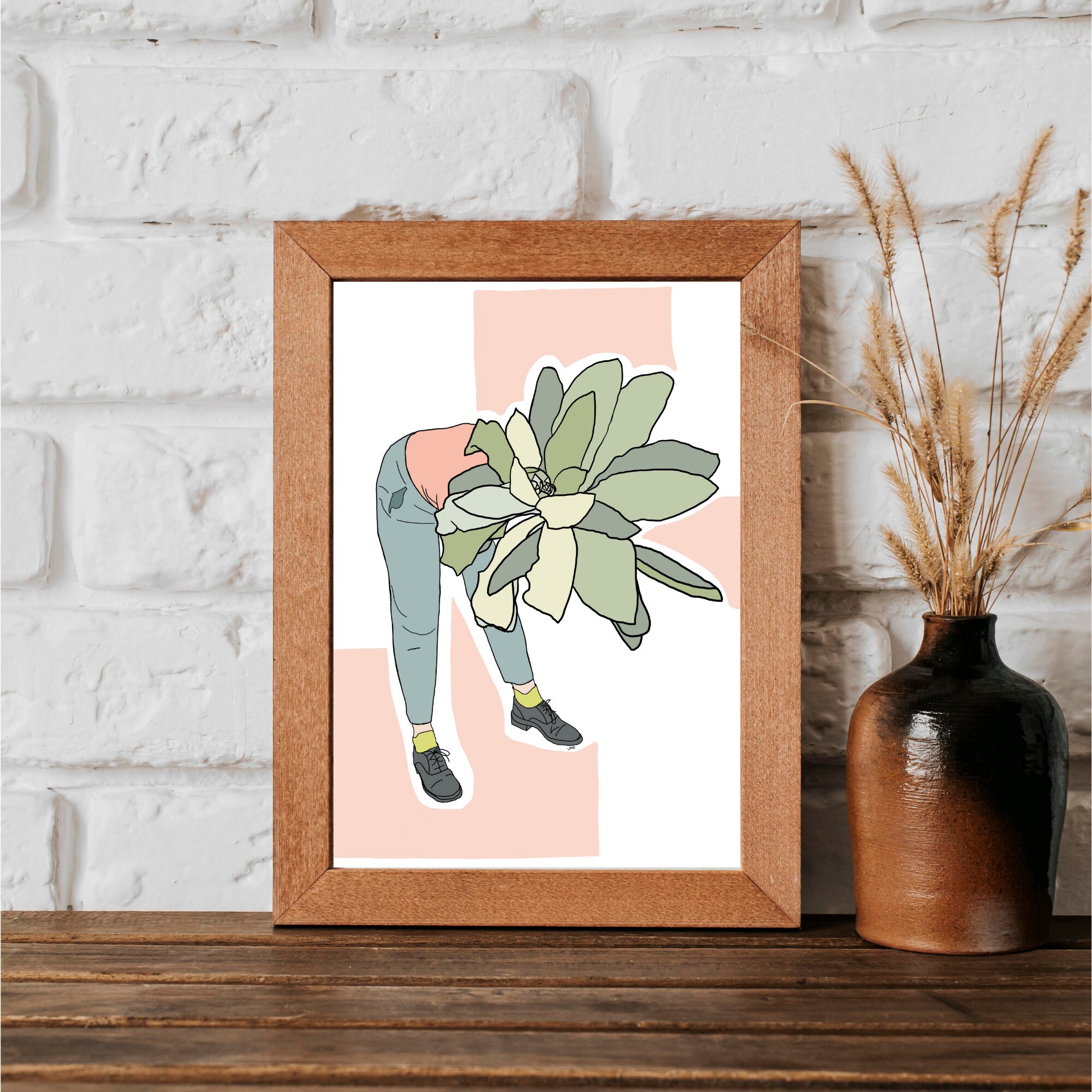 Female Figure Plant Head Printable, Green and Pink Botanical ...