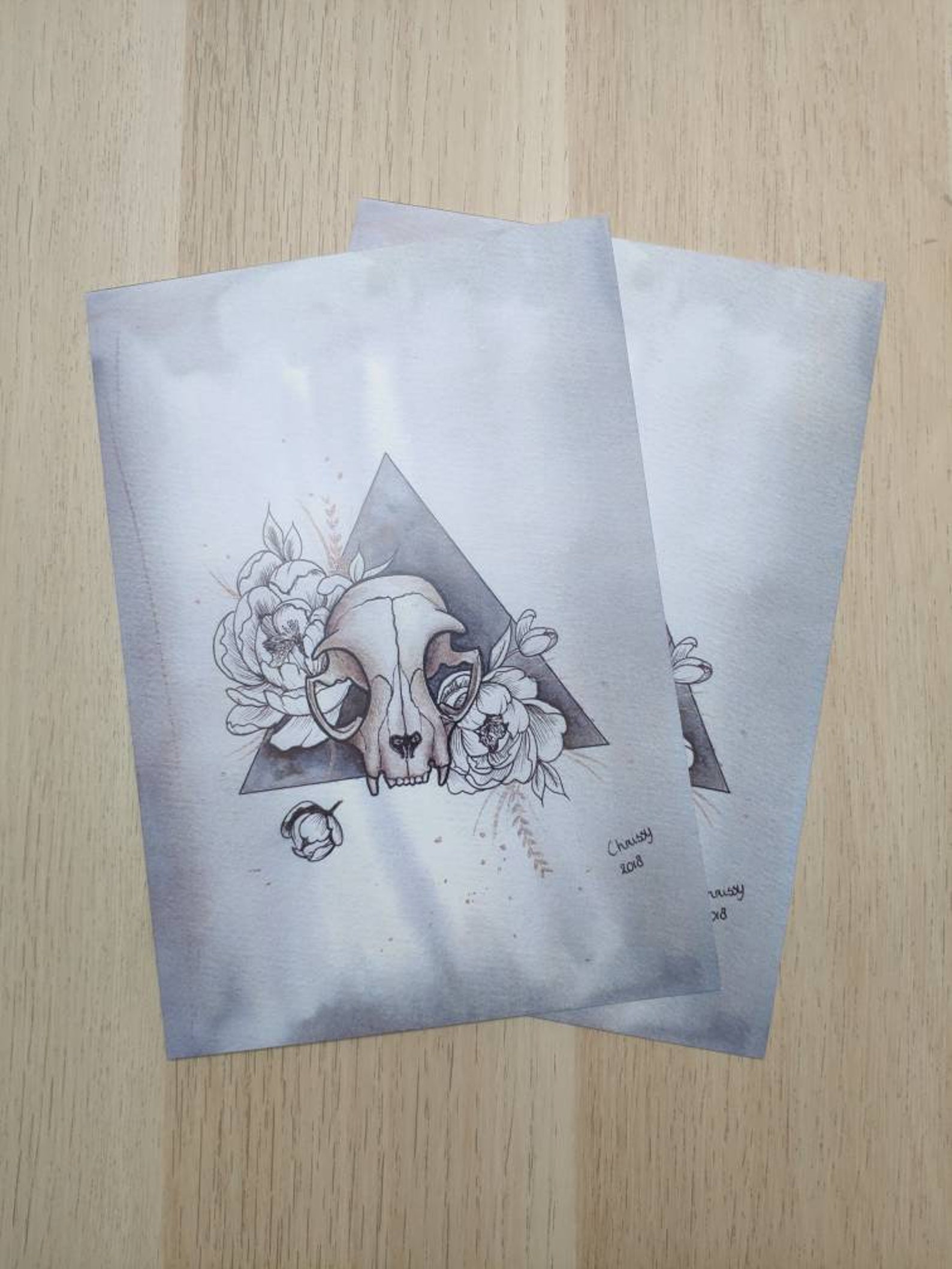 Cat Skull A4 A5 Print Watercolor Cat Skull With Peonies - Etsy