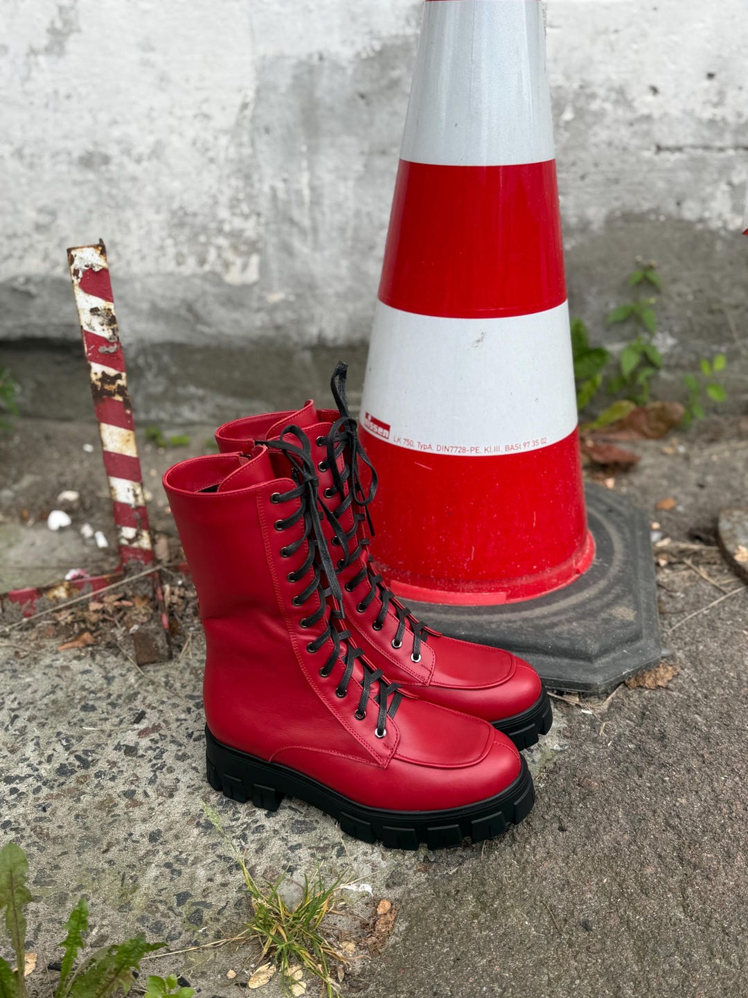 Red Leather Combat Boots for Women, Handmade High Boots, Military Boots ...
