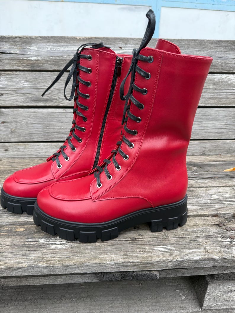 Red Leather Combat Boots for Women, Handmade High Boots, Military Boots ...