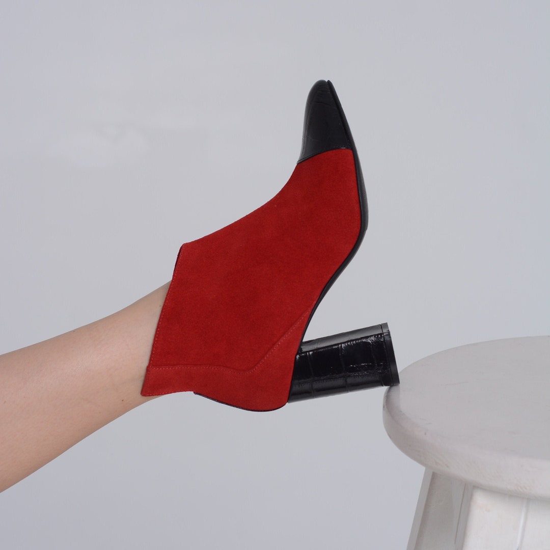 Women's Red Suede Booties, High Heel Ankle Boots, Elegant Pointed Toe ...
