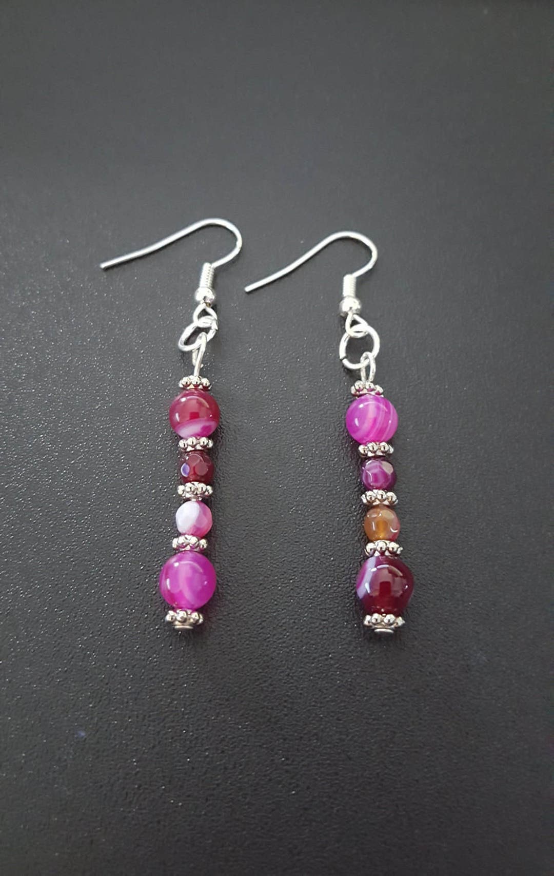 Magenta Swirled Beaded Dangle Earrings With Silver Detail - Etsy