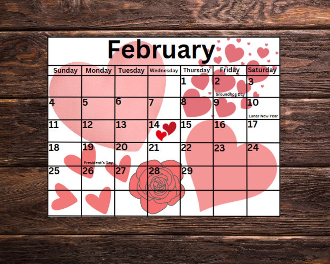 Printable February Calendar, Printable Valentine's Day Calendar ...