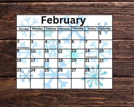 Printable February Calendar, Printable Snowflake Calendar, Homeschool ...