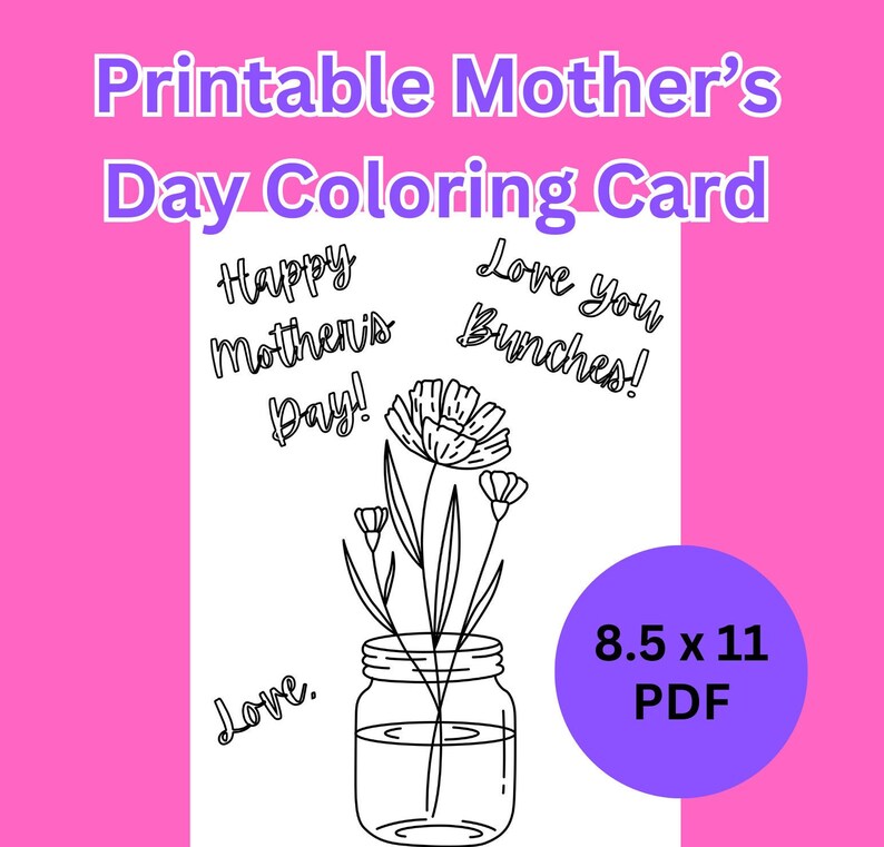 Printable Mothers Day Coloring Card, DIY Mothers Day Gift, Mothers Day ...