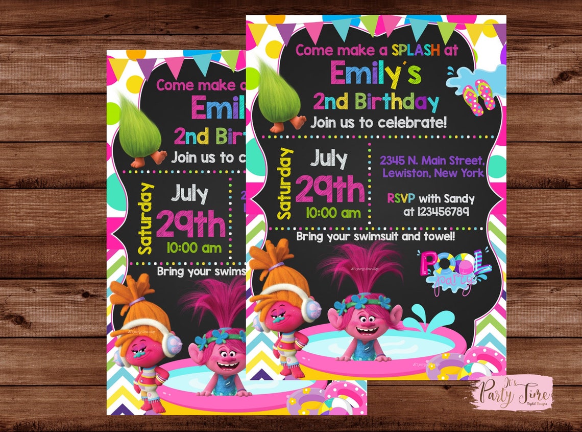 Trolls Pool Party Birthday Invitation - Trolls Pool Party Invitation ...