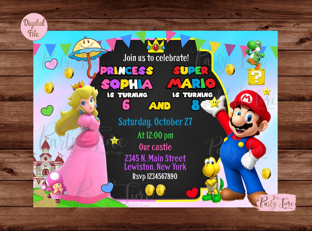 Mario and Peach Birthday Invitation - Mario Bros and Peach Birthday ...