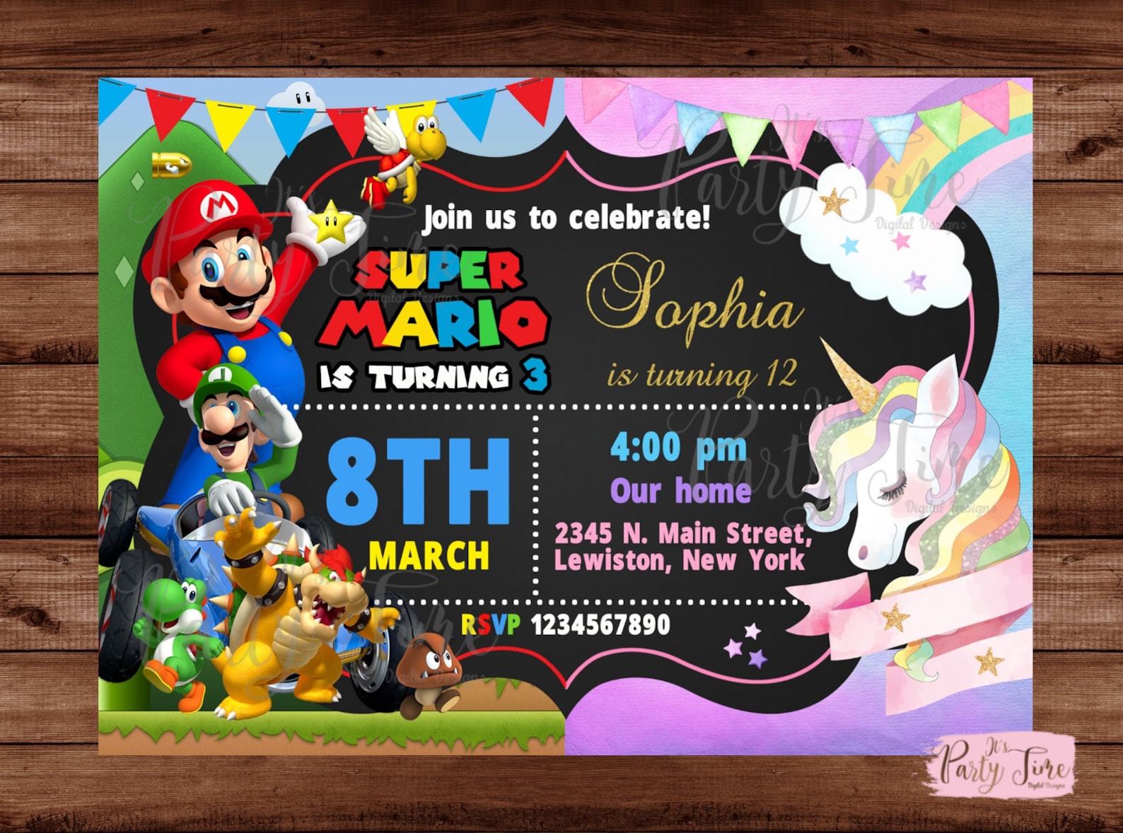 Mario Bros and Unicorn Invitation - Unicorn and Mario Bros Invitation ...