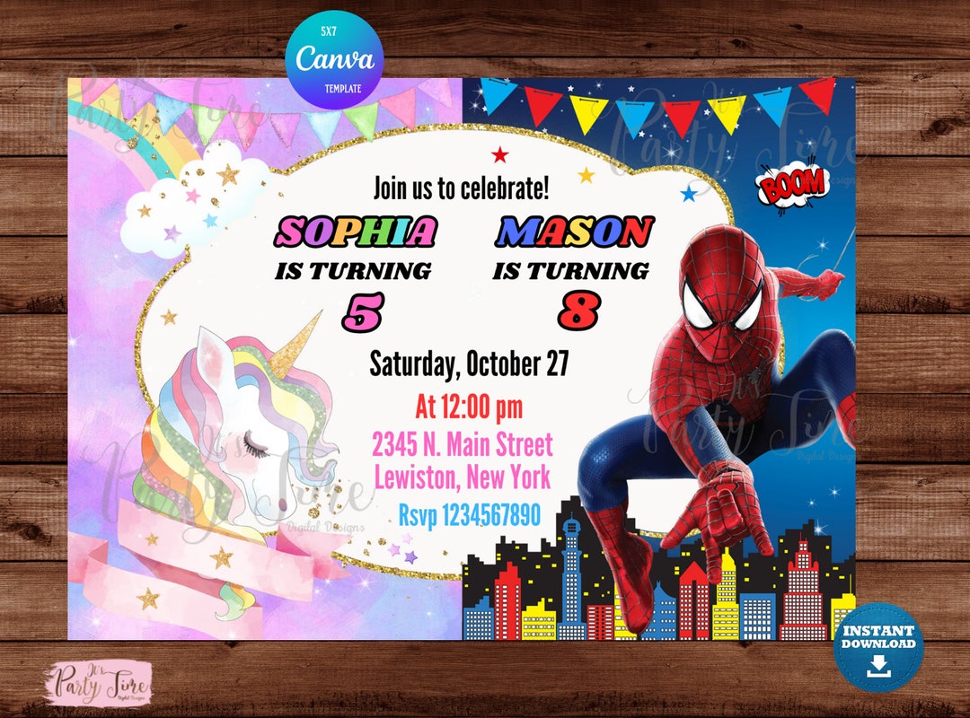 Unicorn and Spiderman Invitation - Unicorn and Superhero Invitation - Twins Birthday Invitation ...