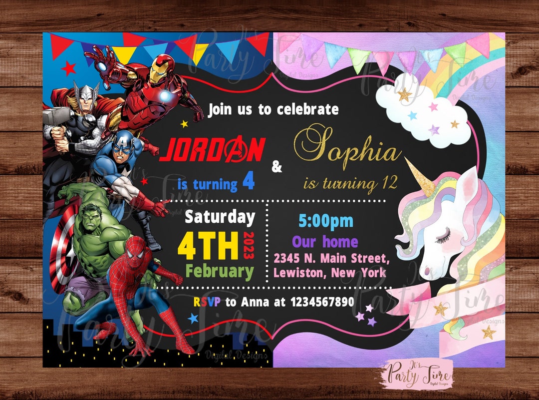 Unicorn and Superhero Invitation - Unicorn Invitation - Superhero Invitation - Twins Birthday ...