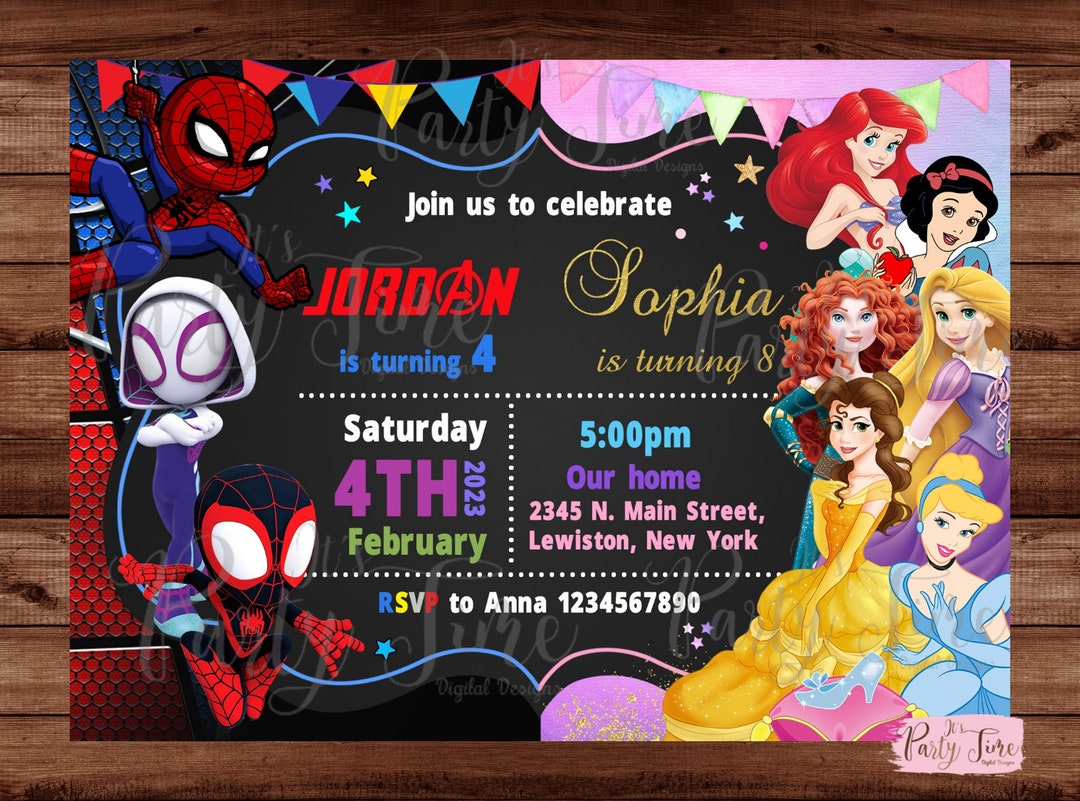 Superhero and Princess Invitation - Princesses and Spiderman Invitation ...