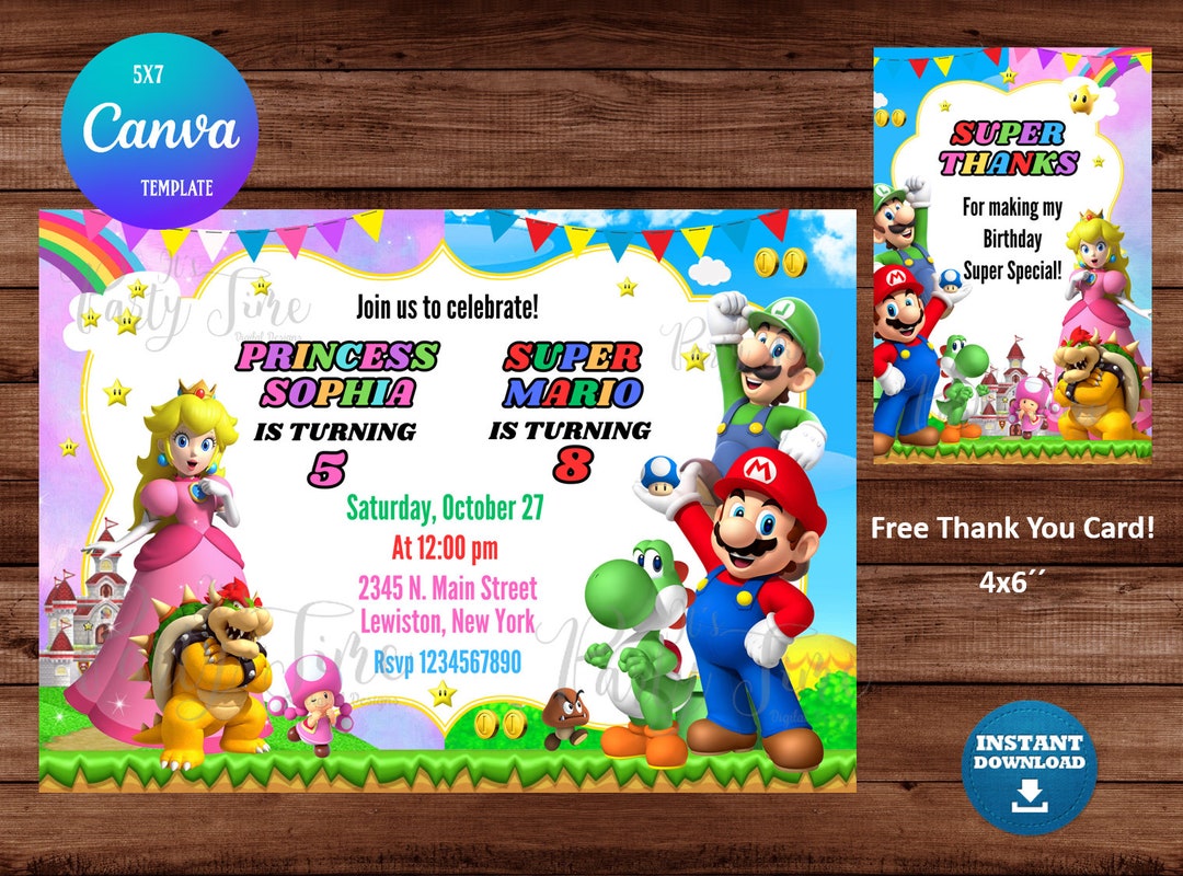Mario and Peach Birthday Invitation - Mario Bros and Peach Birthday ...