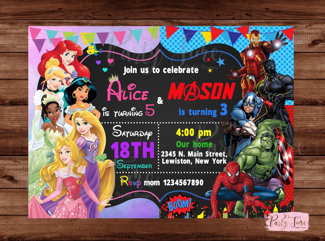 Superhero and Princess Invitation - Princesses and Superhero Invitation ...