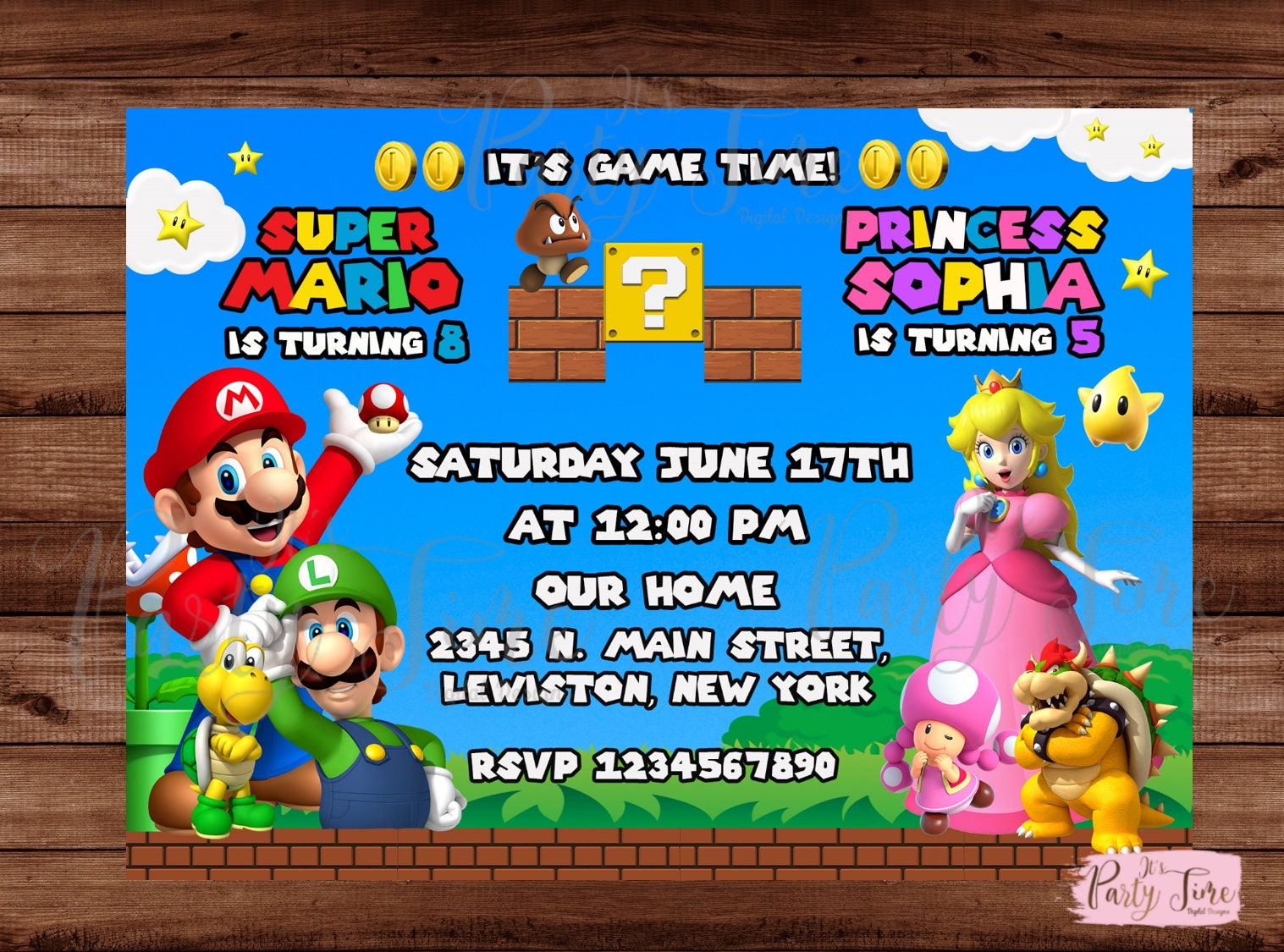 Invitación de cumpleaños de Mario y Peach - Invitación de cumpleaños de ...